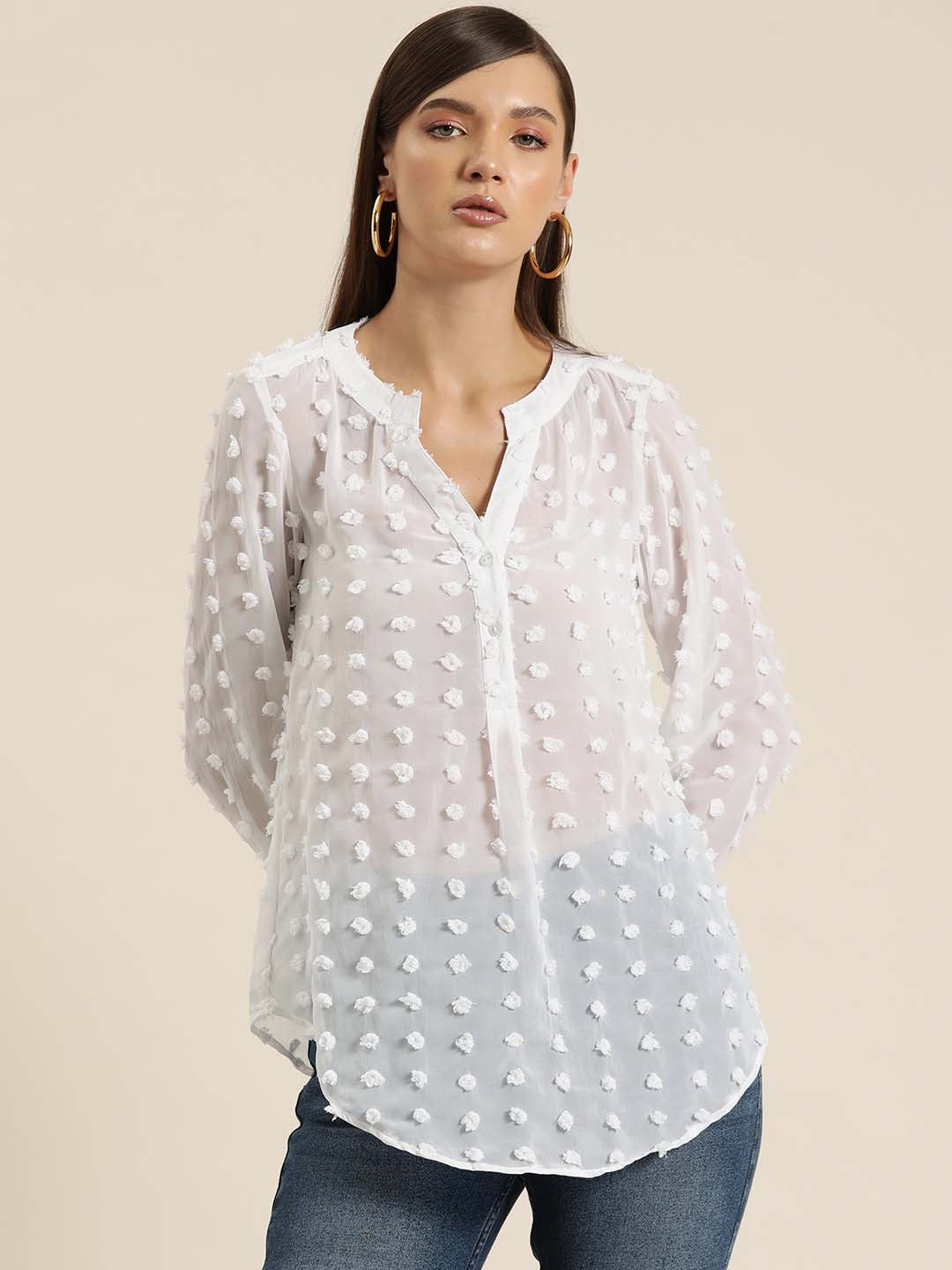 White swiss dott half placket shirt