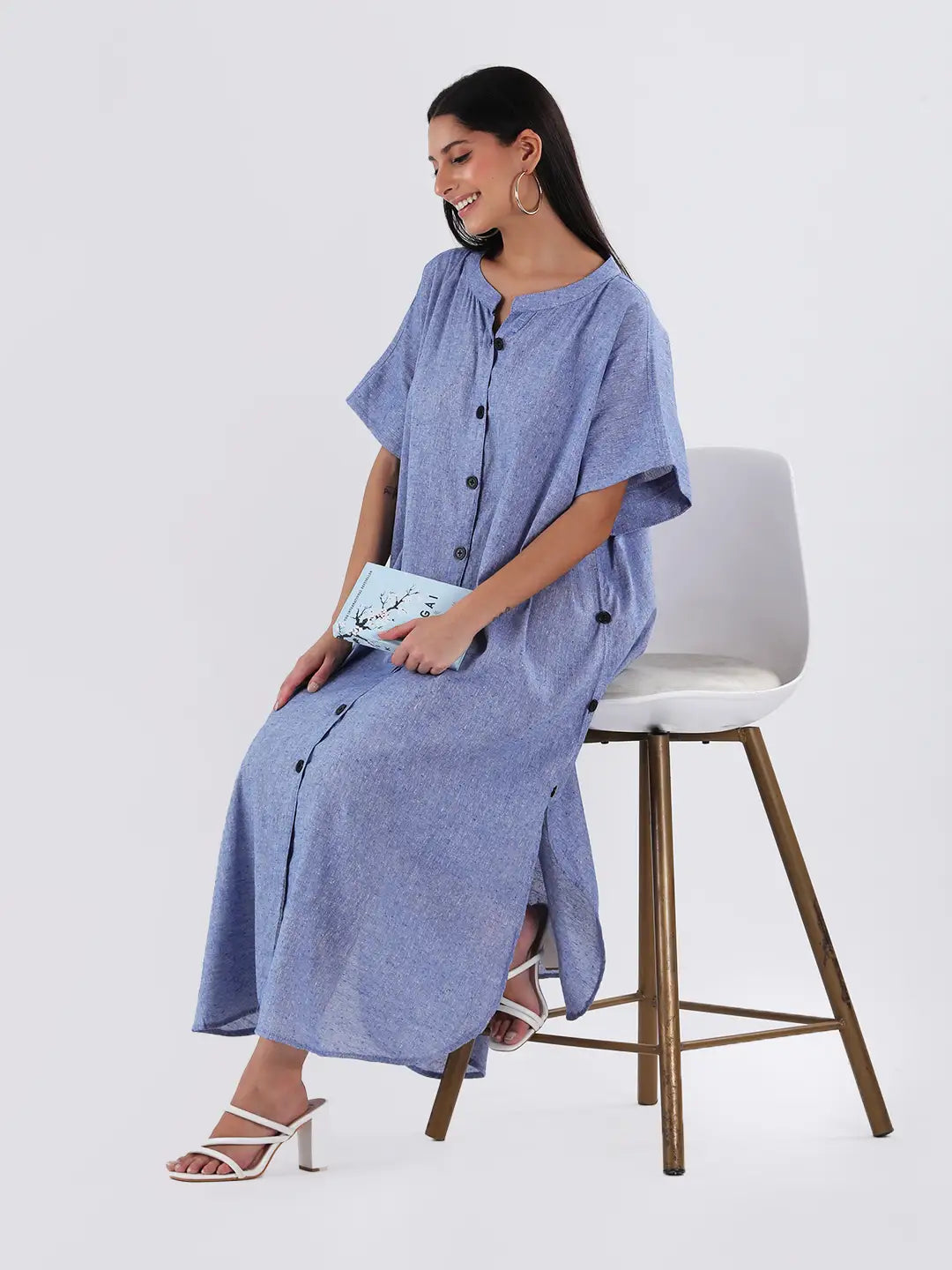 Blue linen relax fit shirt dress