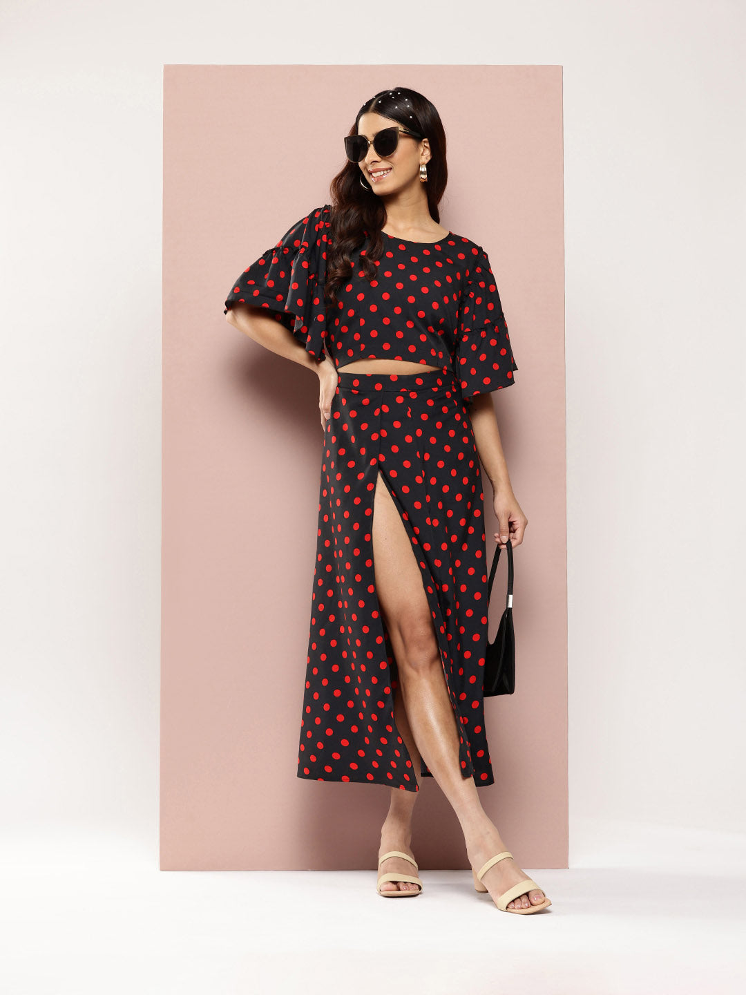 Red and black polka dot top and skirt co-ords sets – Qurvii